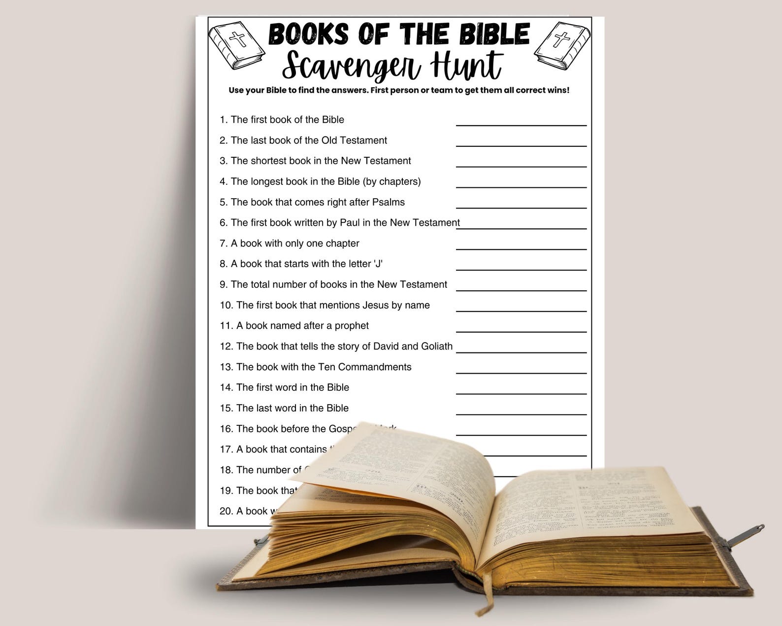 Books of the Bible Scavenger Hunt Game, Printable Bible Trivia for ...
