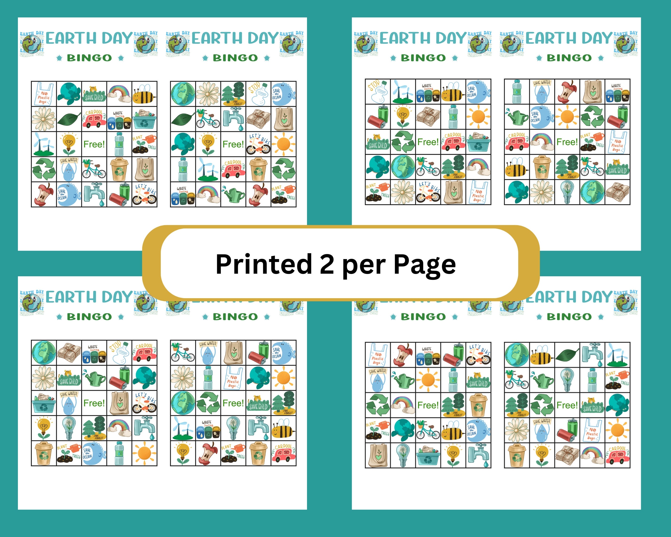 60 Earth Day Bingo Game With Call Cards, 2 Cards per Page, US Letter ...