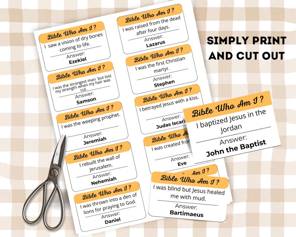 Bible Game Who Am I Game Printable Cards 50 Unique Bible Character ...