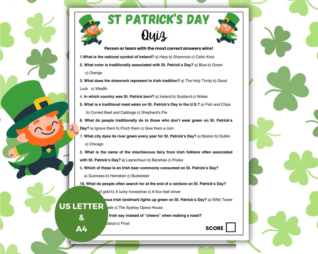 St Patricks Day Quiz, Fun Printable Trivia Game for All Ages, St Paddy ...