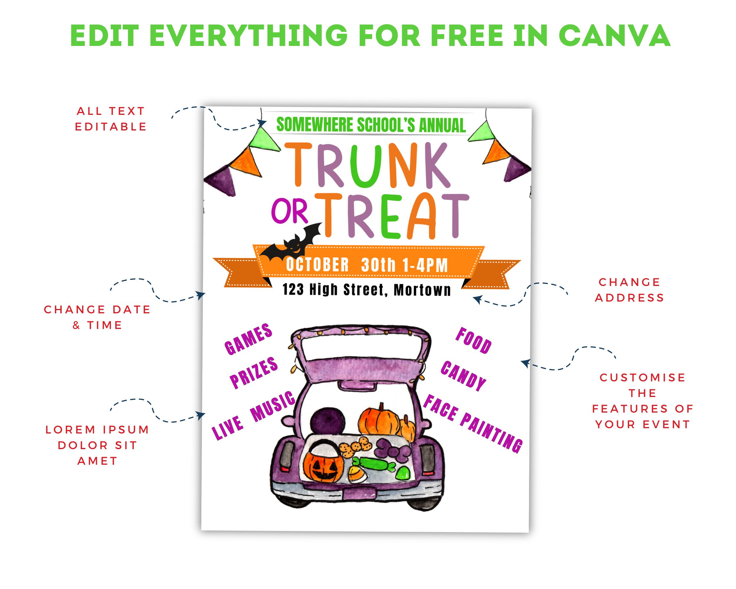Trunk or Treat Halloween Event Flyer, School, Church Invitation Canva ...
