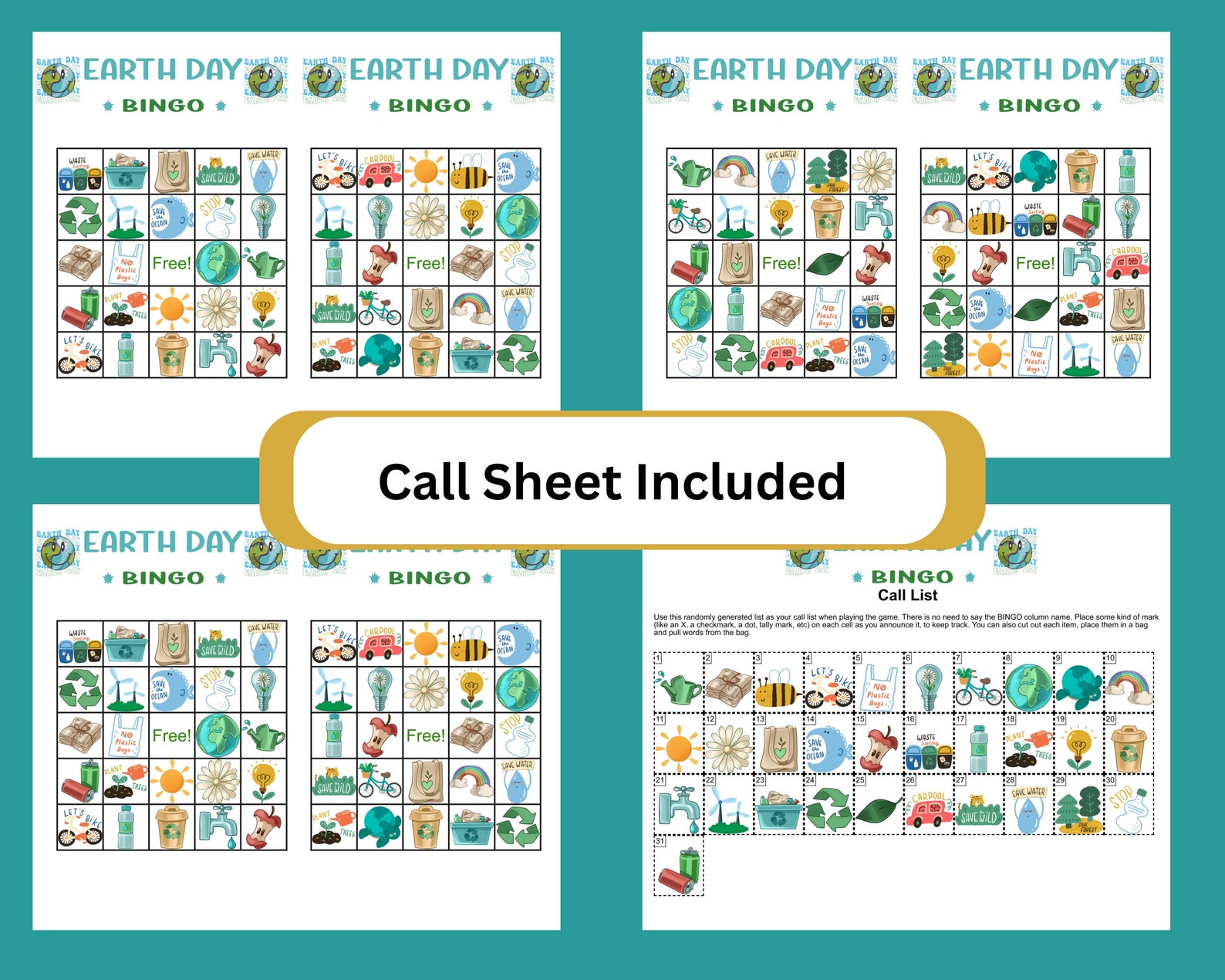 60 Earth Day Bingo Game With Call Cards, 2 Cards per Page, US Letter ...