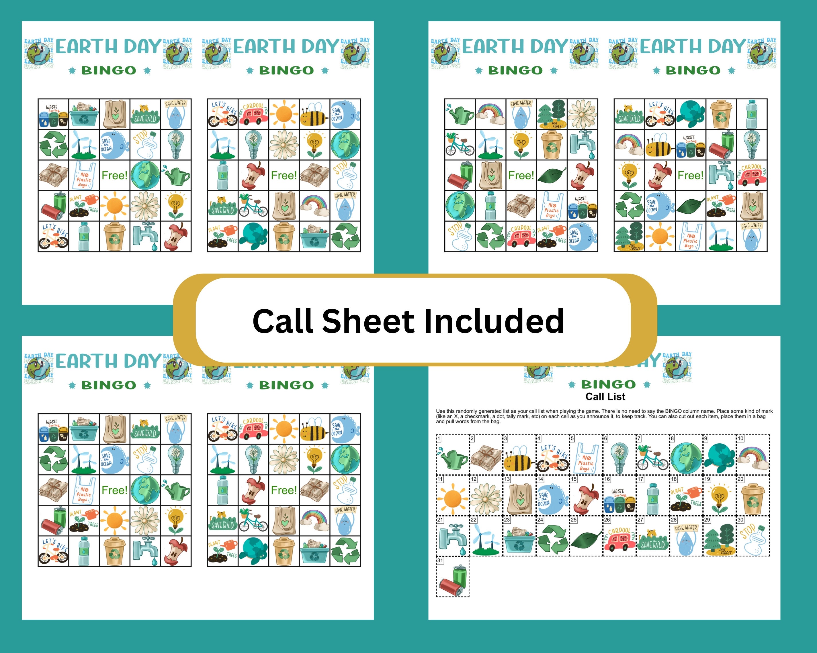 60 Earth Day Bingo Game With Call Cards, 2 Cards per Page, US Letter ...