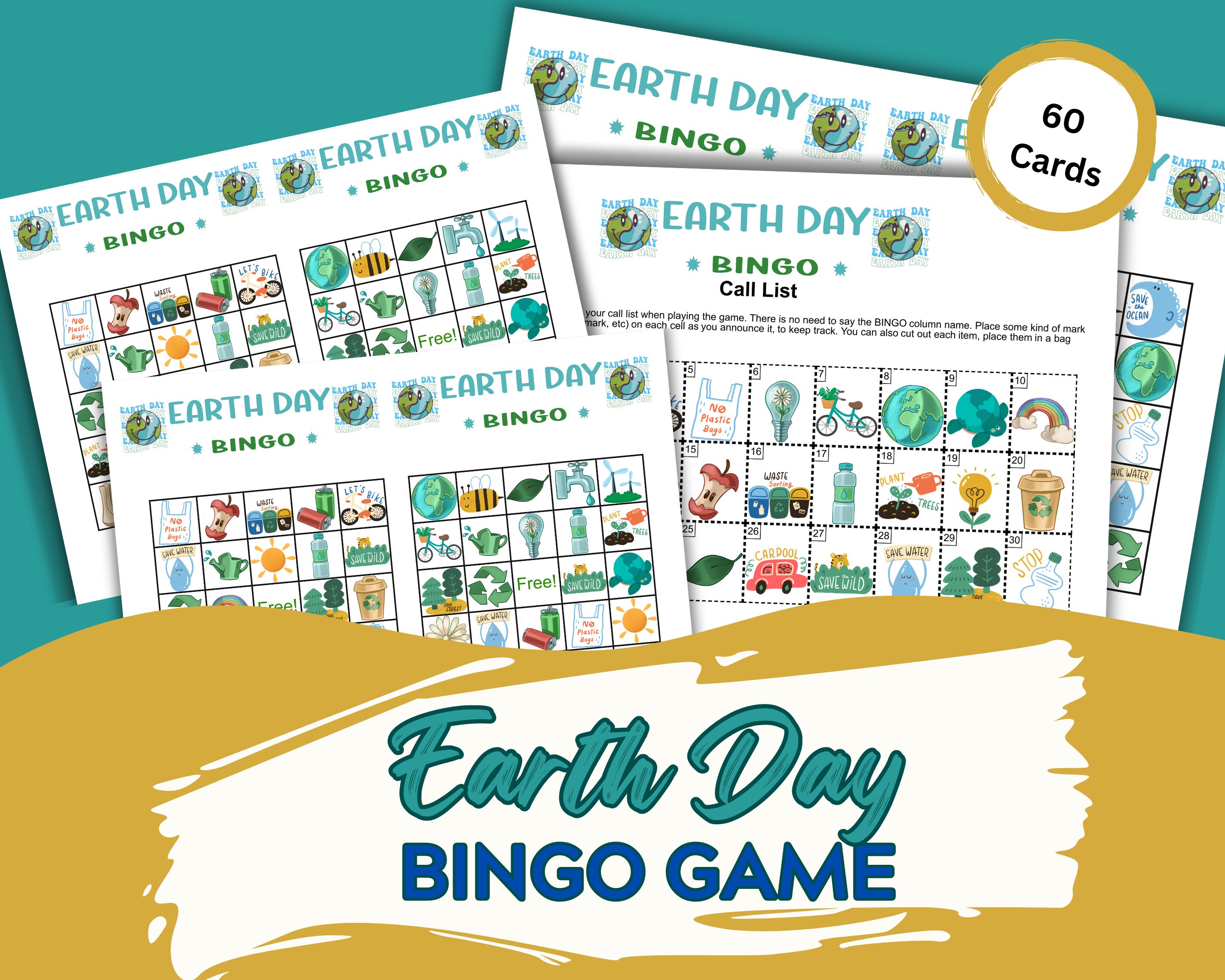 60 Earth Day Bingo Game With Call Cards, 2 Cards per Page, US Letter ...