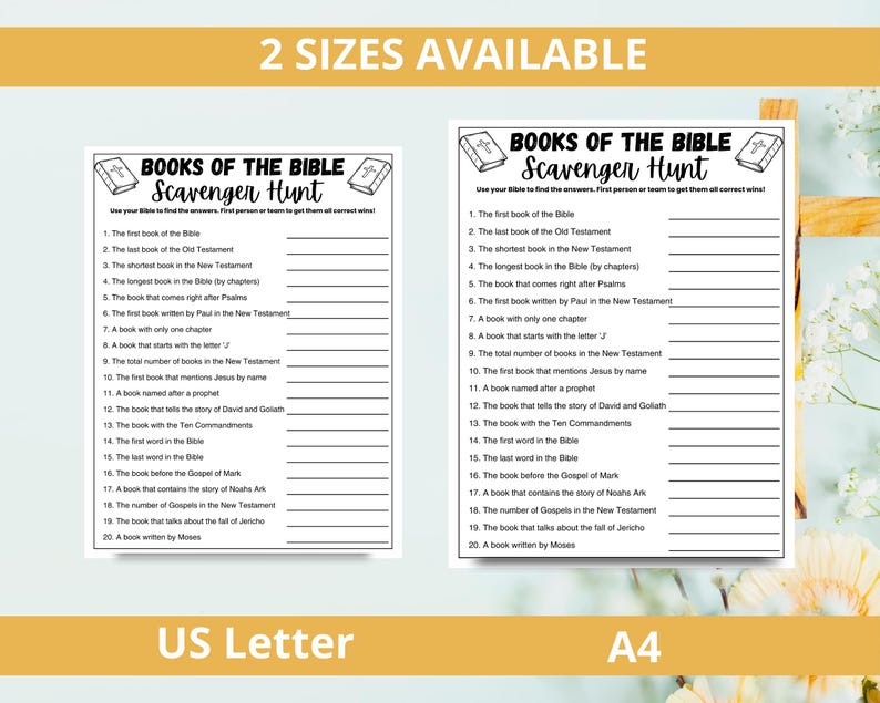 Books of the Bible Scavenger Hunt Game, Printable Bible Trivia for ...