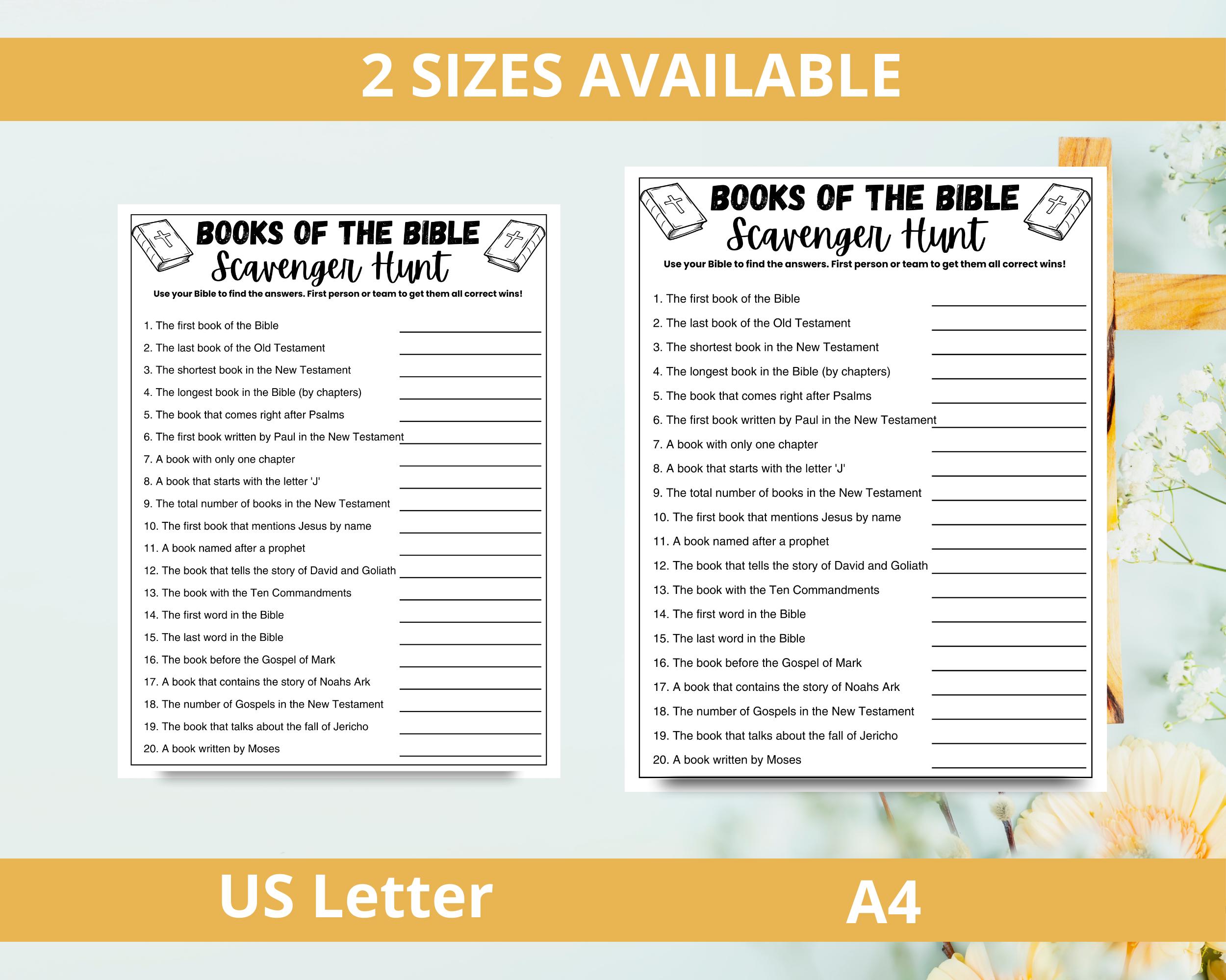 Books of the Bible Scavenger Hunt Game, Printable Bible Trivia for ...