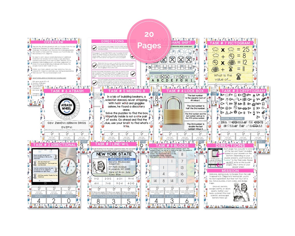 Escape Room for Kids Escape the Lab , Printable Game With 9 Puzzles ...