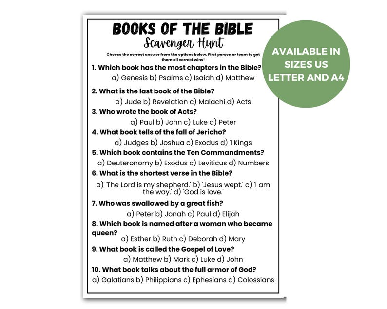 Books of the Bible Scavenger Hunt for Kids, Fun Sunday School Activity ...