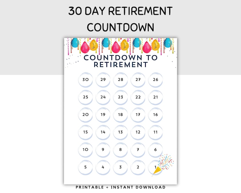 30 Day Retirement Countdown Calendar, Retirement Celebration ...