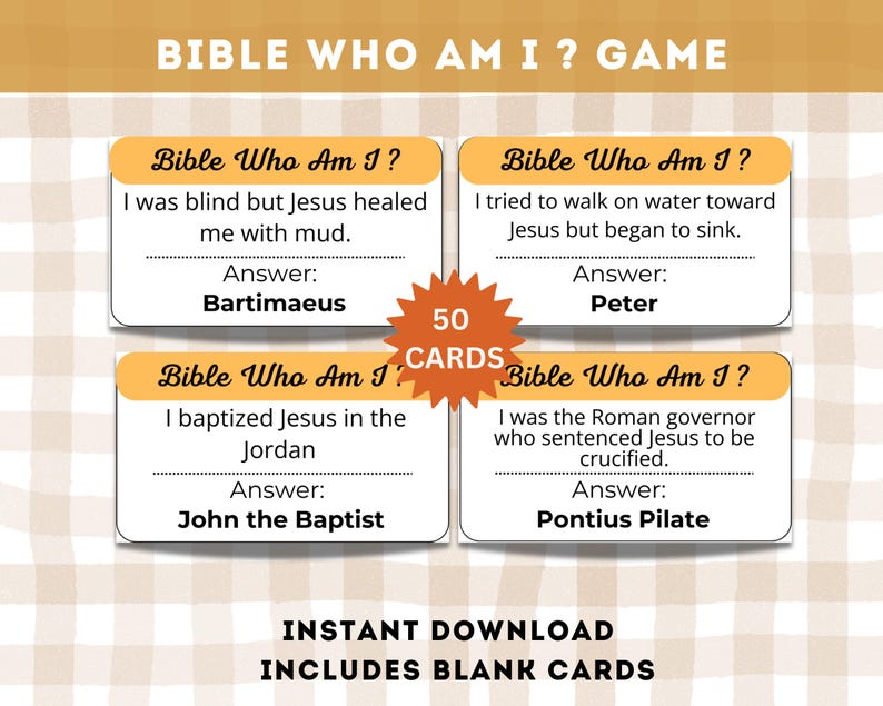 Bible Game Who Am I Game Printable Cards 50 Unique Bible Character ...