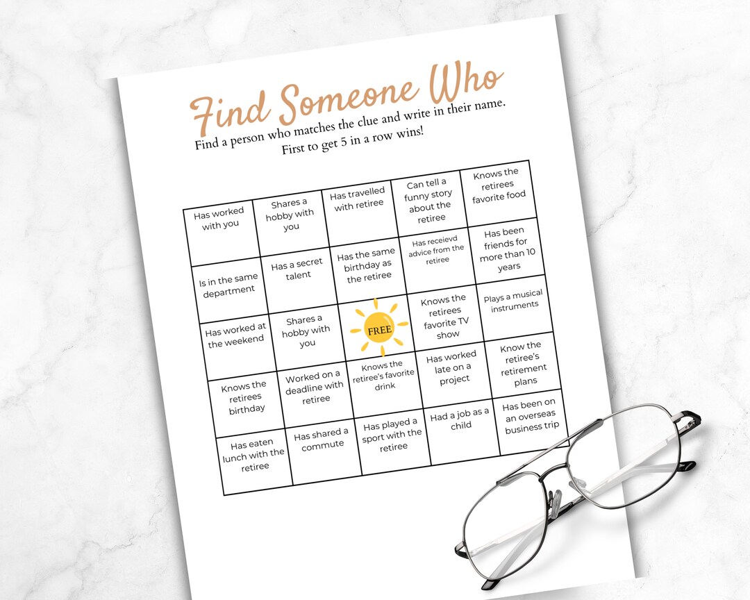 Find Someone Who, Social Bingo, Ice-breaker, Retirement Game. Print ...