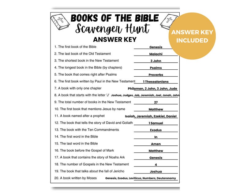 Books of the Bible Scavenger Hunt Game, Printable Bible Trivia for ...