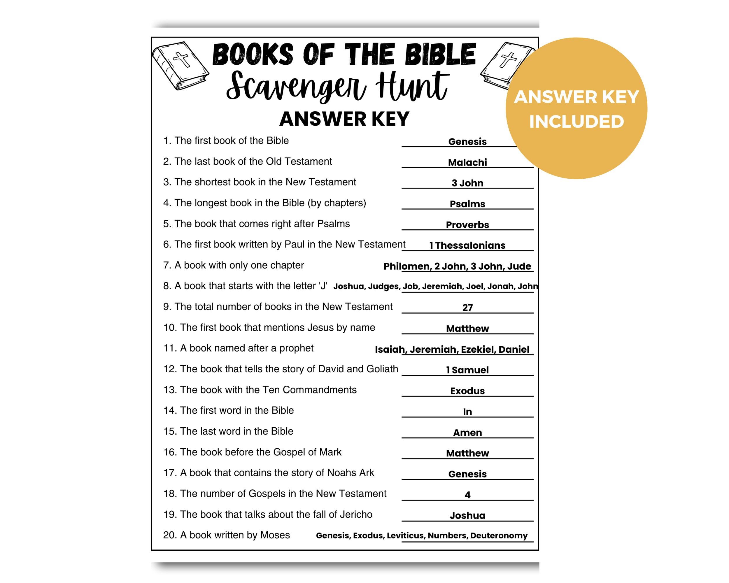 Books of the Bible Scavenger Hunt Game, Printable Bible Trivia for ...