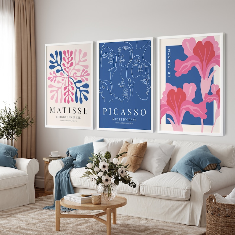 Navy Blue Henri Matisse Colorful Print Set of 3, Set of Matisse Wall Poster, 3 Piece Mid Century ...