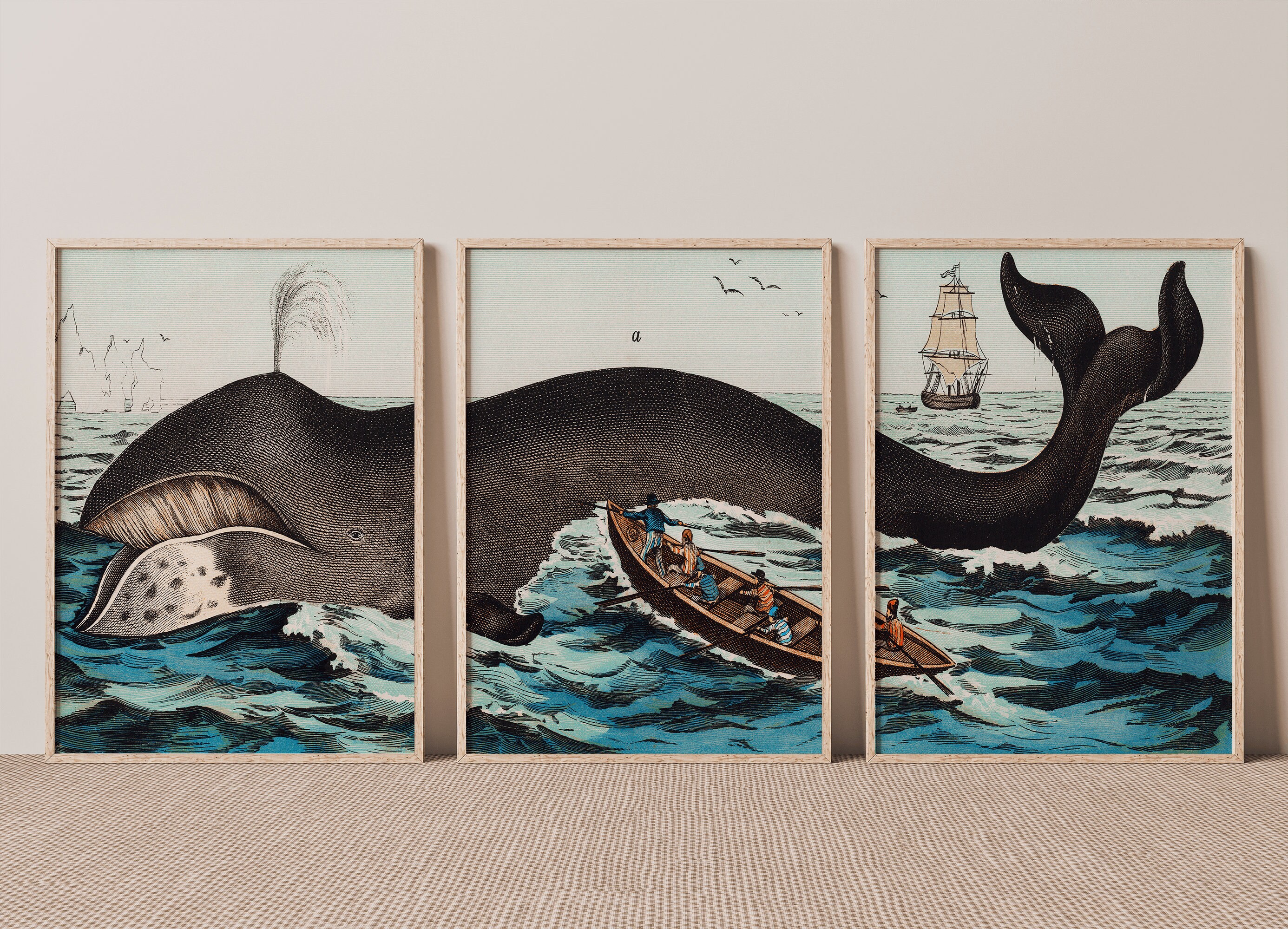 Set of 3 Moby Dick Prints, Above Bed Prints, Modern Wall Art, Woodblock ...
