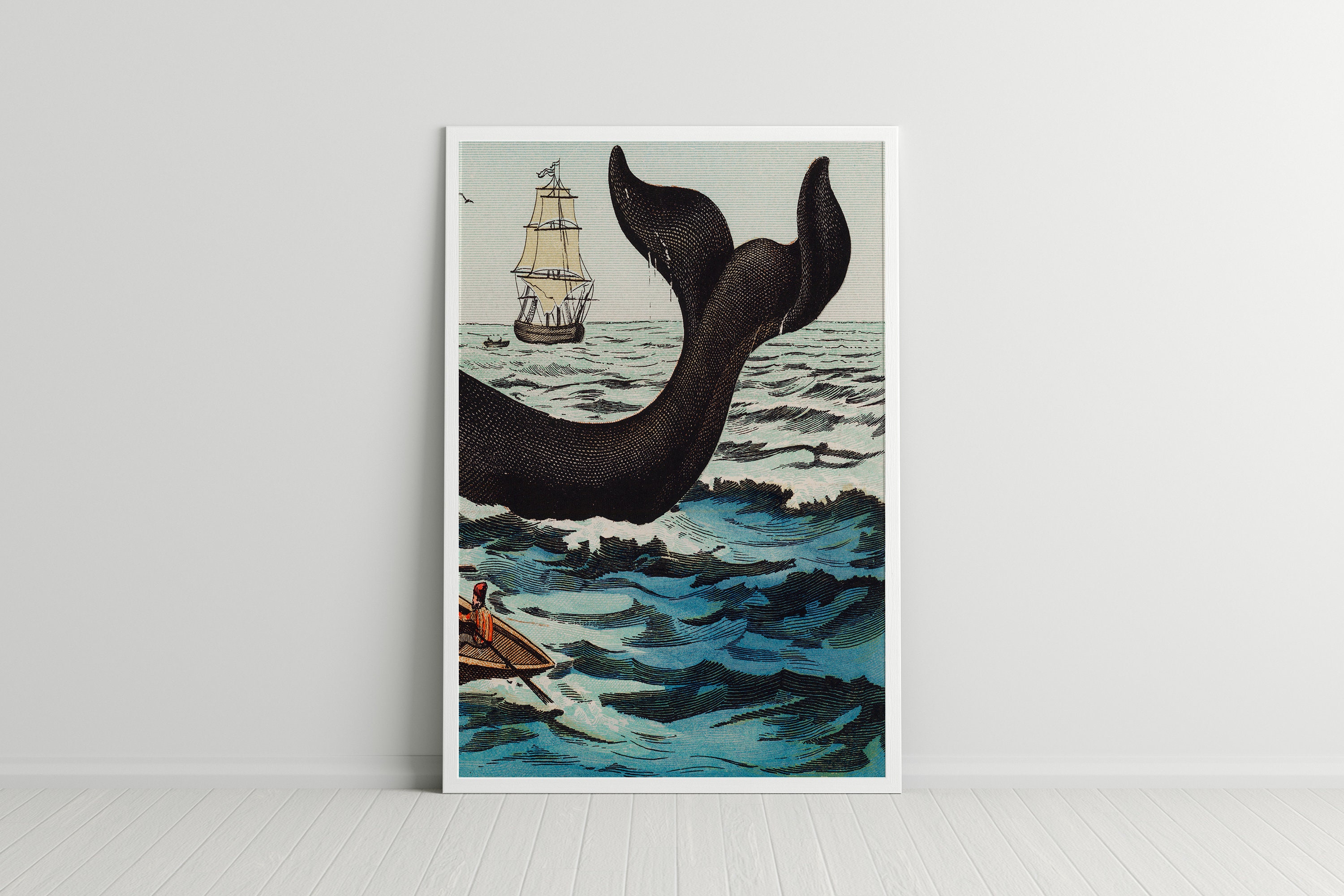 Set of 3 Moby Dick Prints, Above Bed Prints, Modern Wall Art, Woodblock ...