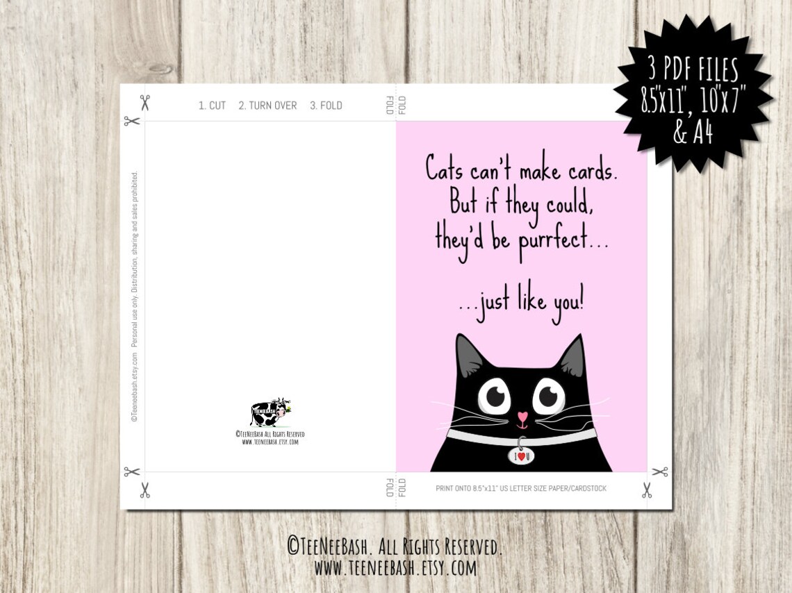 Cute Cat Printable Greeting Card, Birthday, Valentines, DIY Print at ...