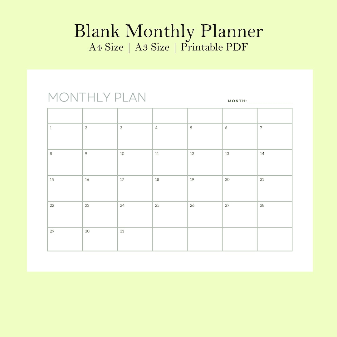 Monthly Planner Instant Download PDF Printable Template Blank Calendar ...