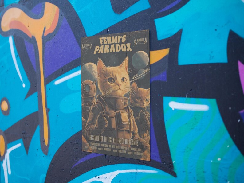 Sci-fi Cat Poster - Fermi Paradox Retro Space Art Print, Feline ...