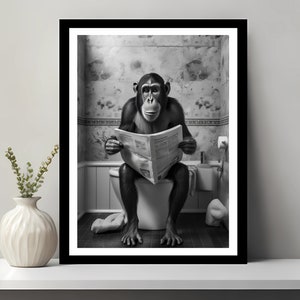 Monkey on Toilet Reading Newspaper, Funny Bathroom Decor, Monkey in ...