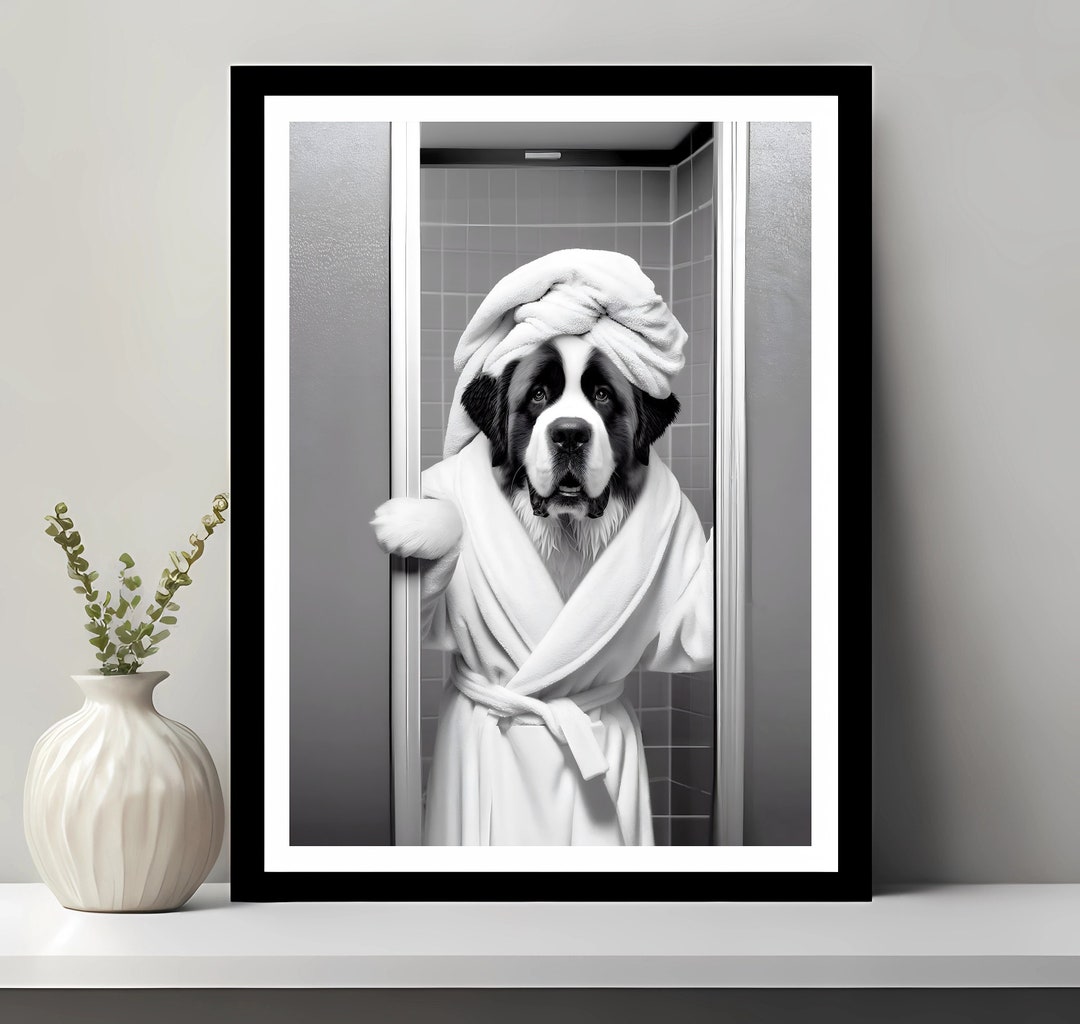 Saint Bernard Wall Art, Funny Bathroom Decor, Animal in Toilet, Black ...