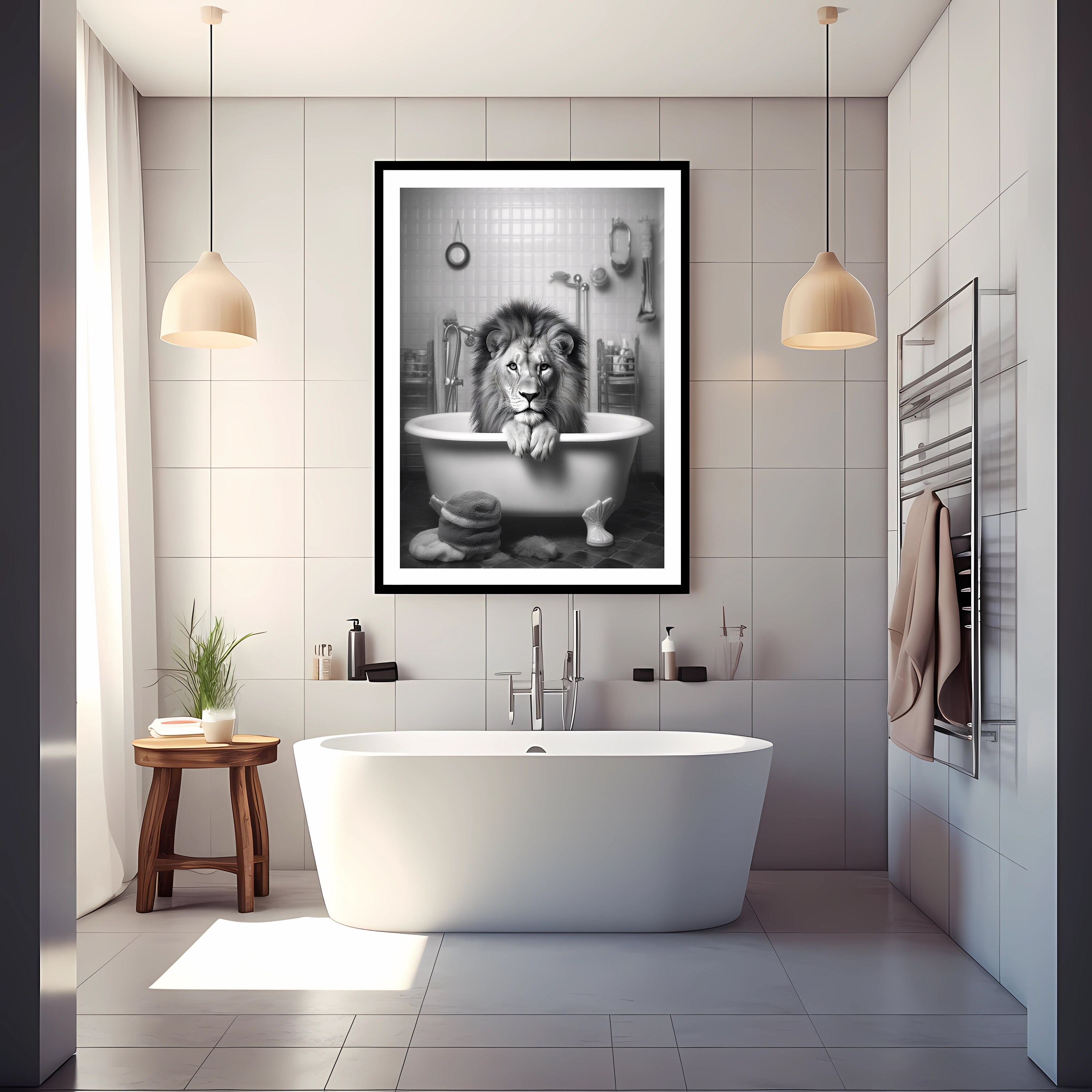 Cute Lion in Tub Printable Wall Art | Lion Photo | Lion Art | Bathroom ...