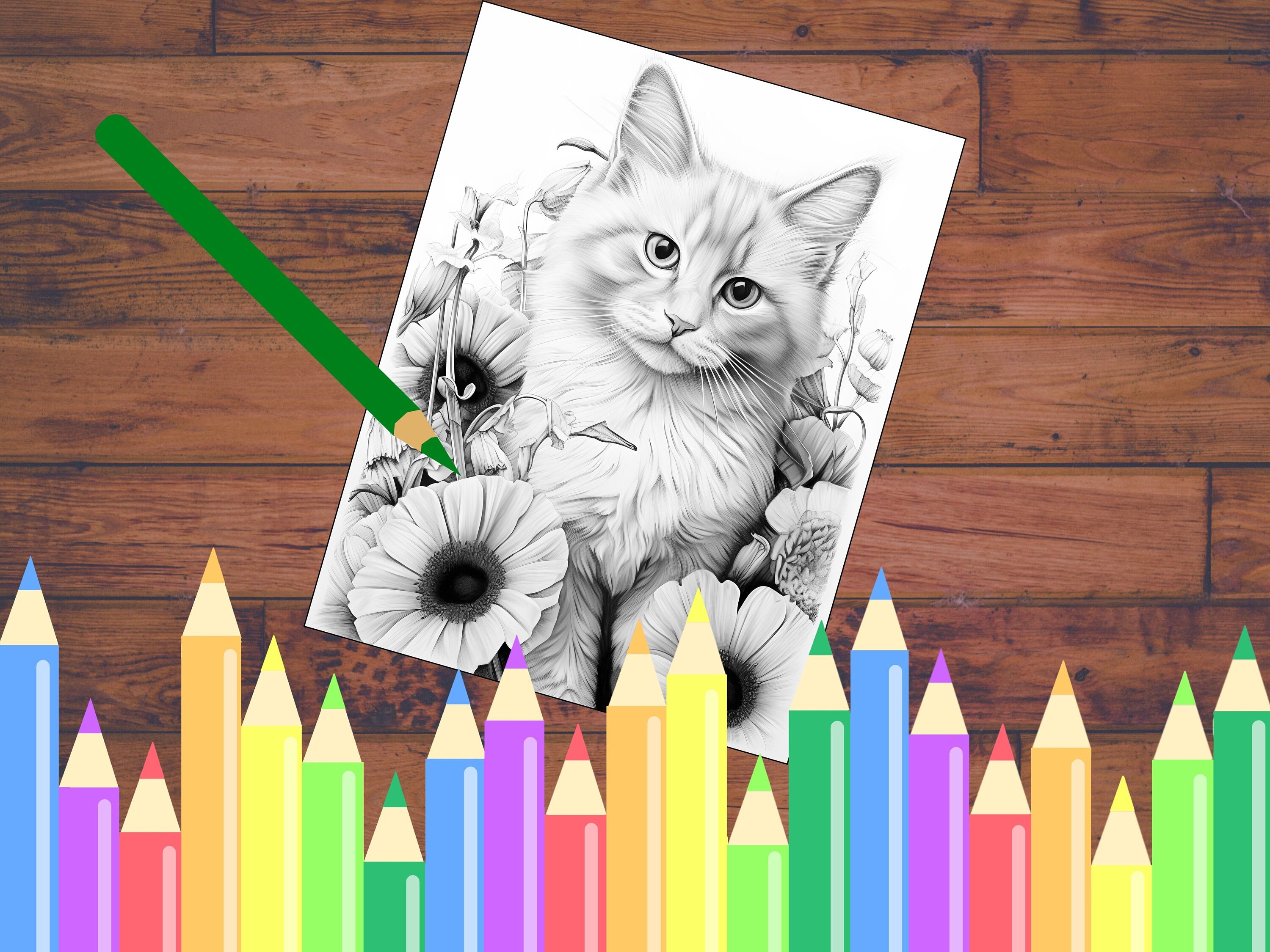 25 Adorable Flower Cat Coloring Book, Printable Adult and Kids Coloring ...