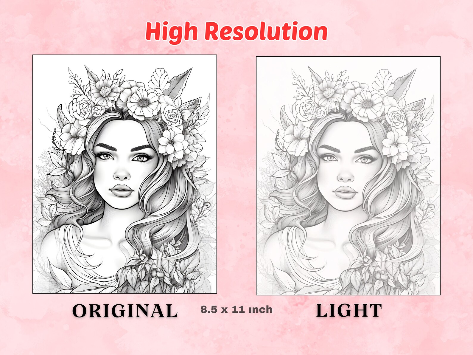 20 Flower Princess Coloring Book, Printable PDF, Grayscale Coloring ...