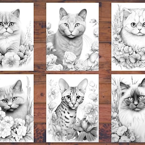 25 Adorable Flower Cat Coloring Book, Printable Adult and Kids Coloring ...