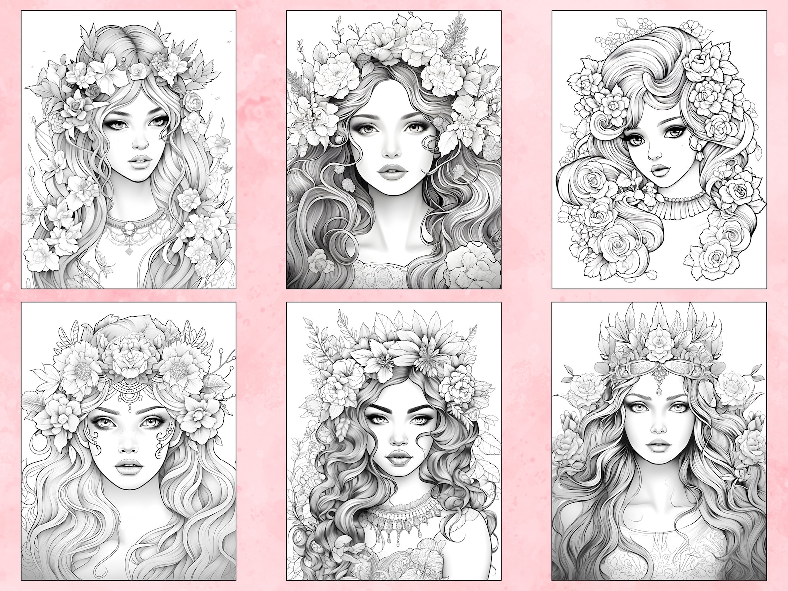 20 Flower Princess Coloring Book, Printable PDF, Grayscale Coloring ...