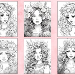 20 Flower Princess Coloring Book, Printable PDF, Grayscale Coloring ...