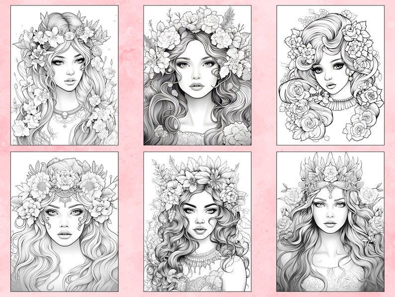 20 Flower Princess Coloring Book, Printable PDF, Grayscale Coloring ...