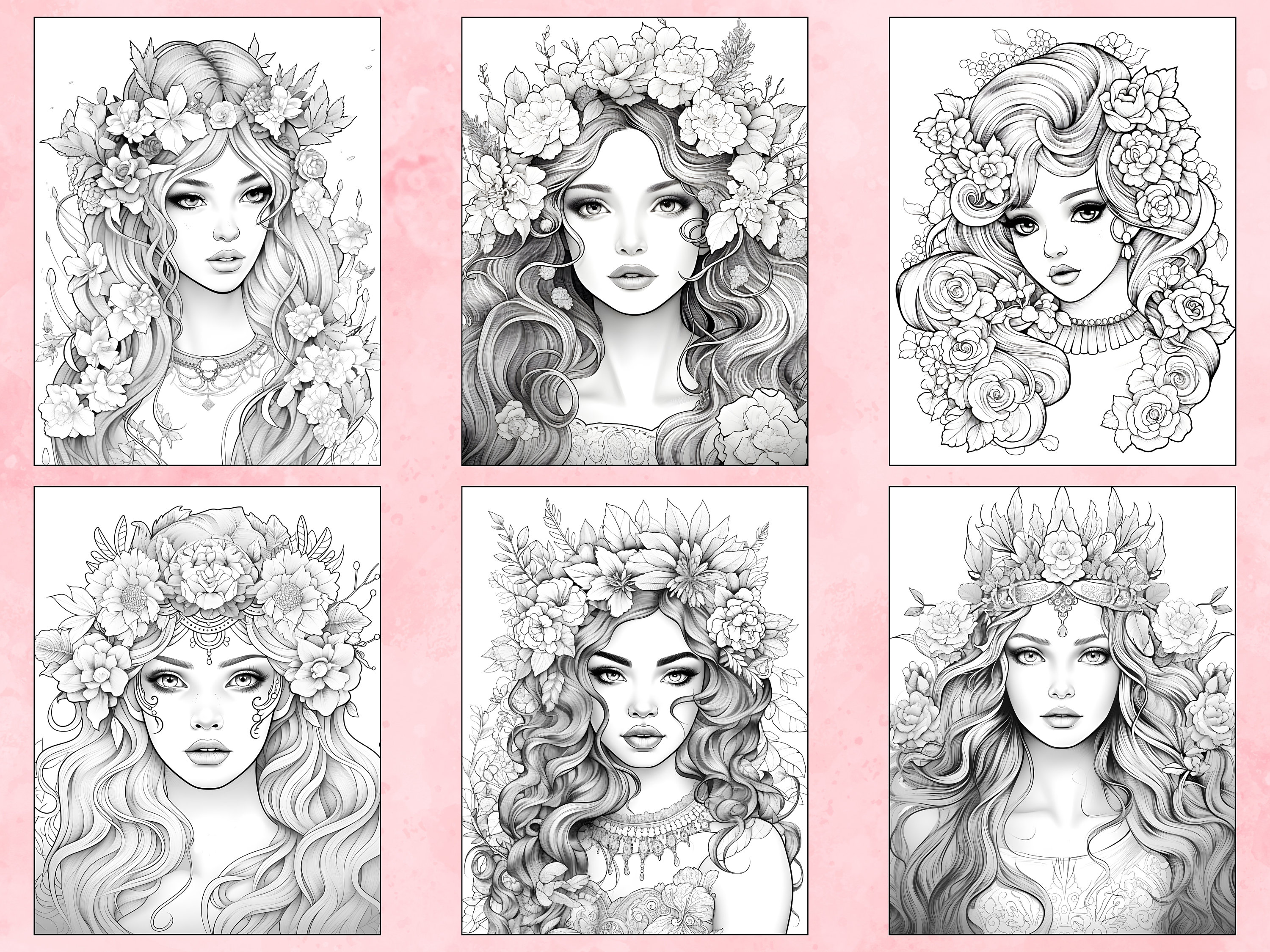 20 Flower Princess Coloring Book, Printable PDF, Grayscale Coloring ...