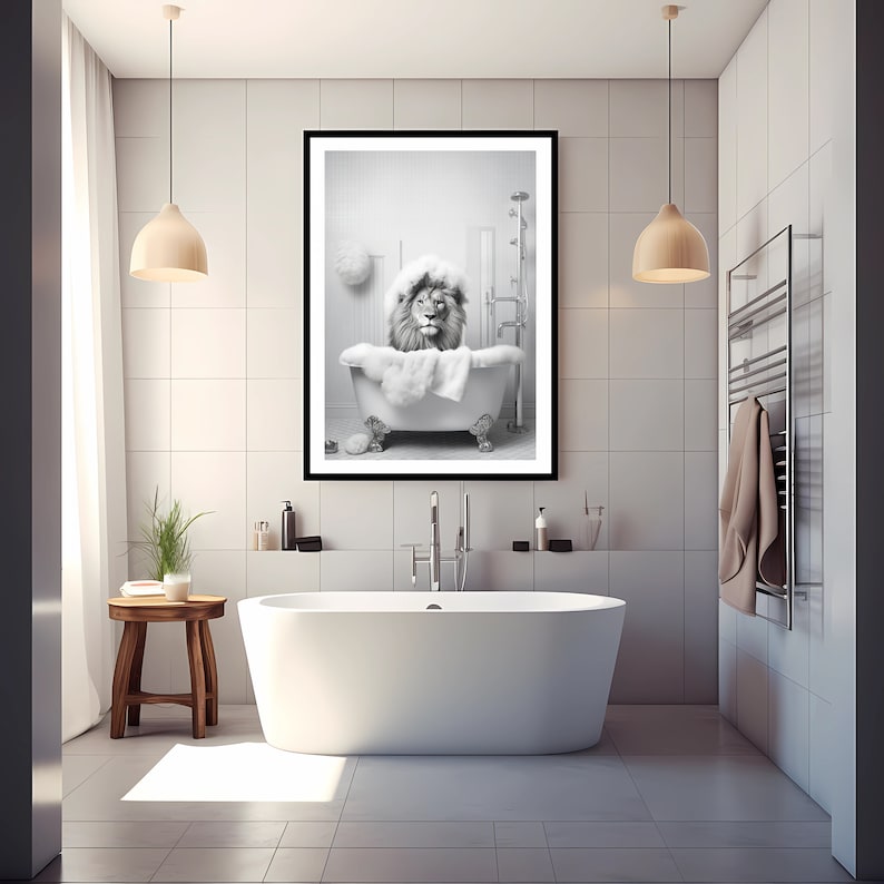 Lion in a Bathtub Lion Bathing Black and White Bathroom - Etsy
