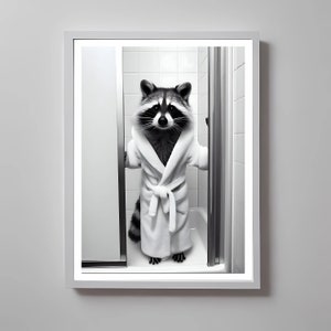 Cute Raccoon in Bathrobe Peering From Shower, Kids Bathroom Art ...