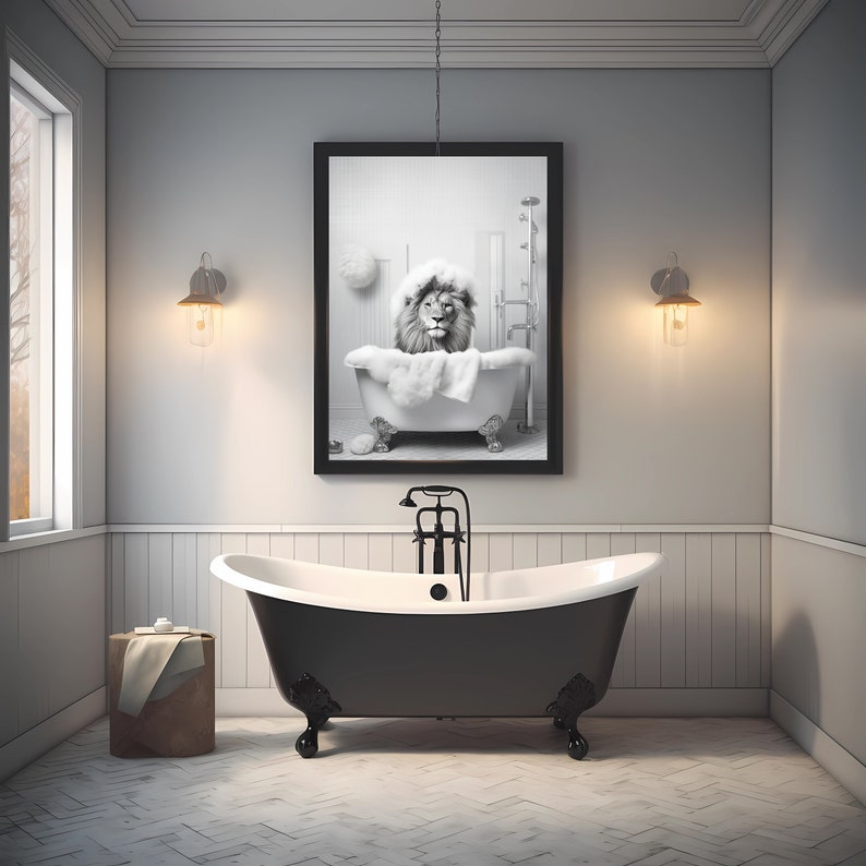 Lion in a Bathtub Lion Bathing Black and White Bathroom - Etsy