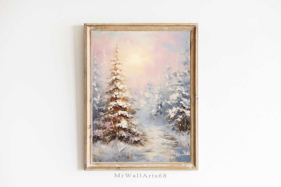 Christmas Snowscape Painting, Holiday Wall Art, Winter Print, Vintage ...