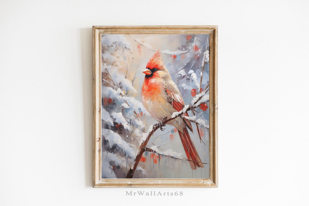 Winter Cardinal Bird Art, Vintage Christmas Wall Art, Christmas Digital ...