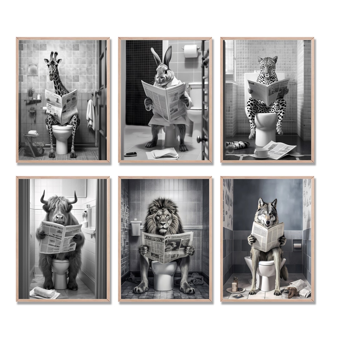 Animals Print, Set of 6, Funny Bathroom Decor, Animals in Toilet, Black ...
