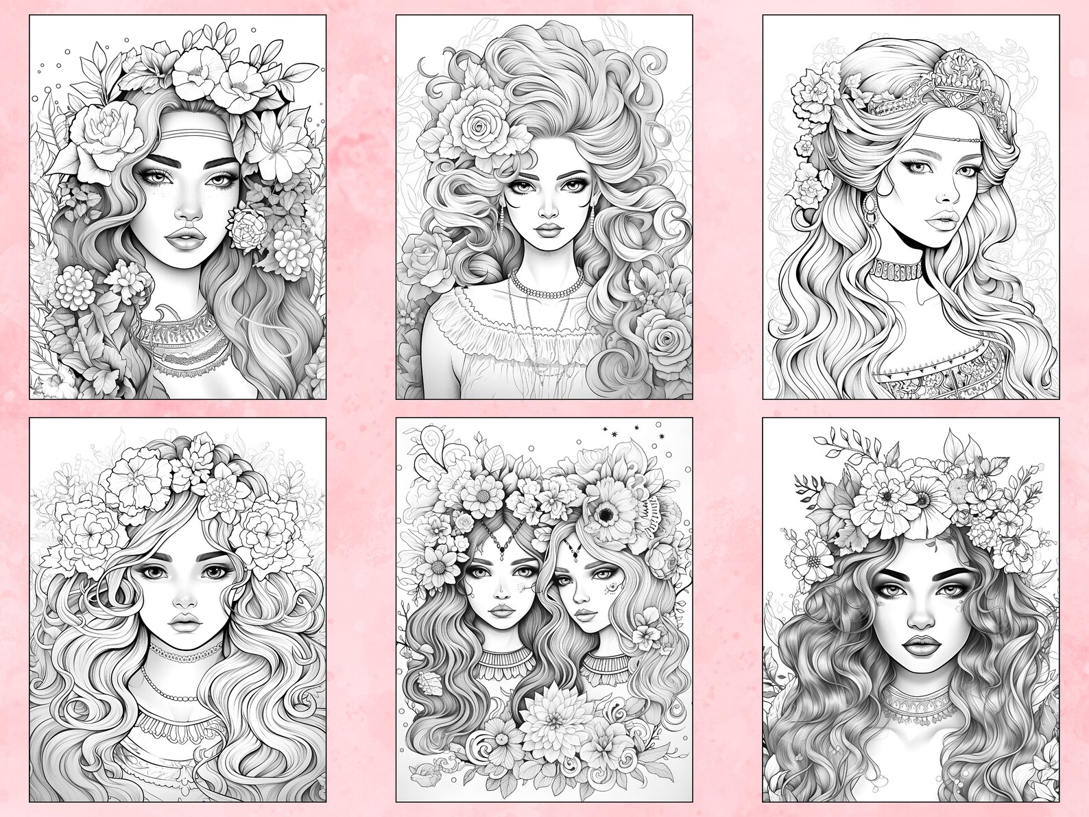 20 Flower Princess Coloring Book, Printable PDF, Grayscale Coloring ...