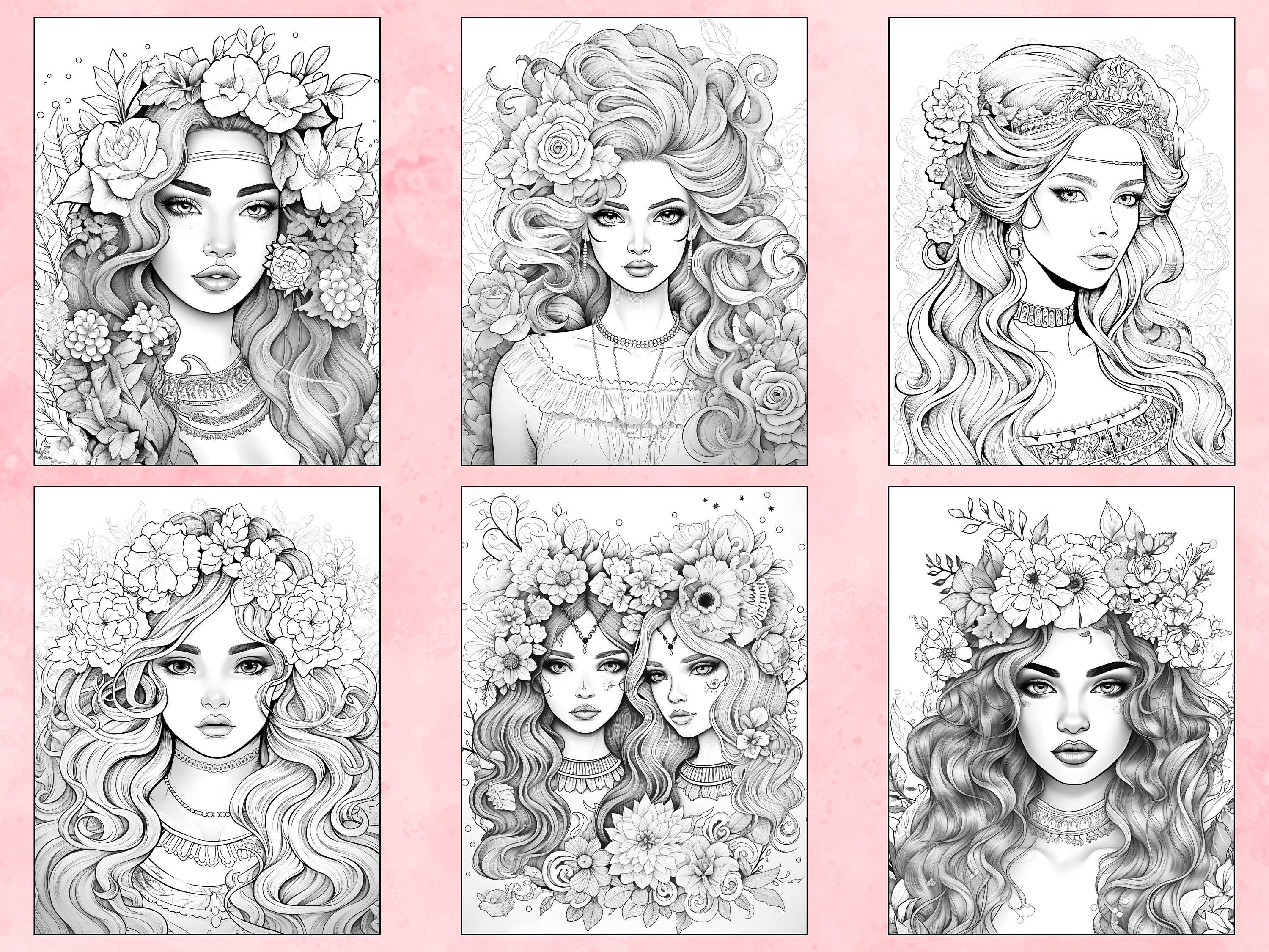 20 Flower Princess Coloring Book, Printable PDF, Grayscale Coloring ...