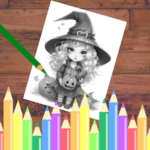 27 Cute Witches Coloring Book, Cute Coloring Book, Grayscale Coloring ...