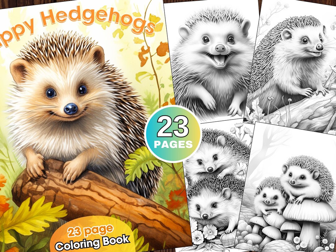 23 Happy Hedgehogs Coloring Book, Grayscale Coloring Book, Simple ...