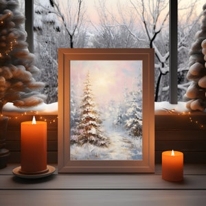 Christmas Snowscape Painting, Holiday Wall Art, Winter Print, Vintage ...