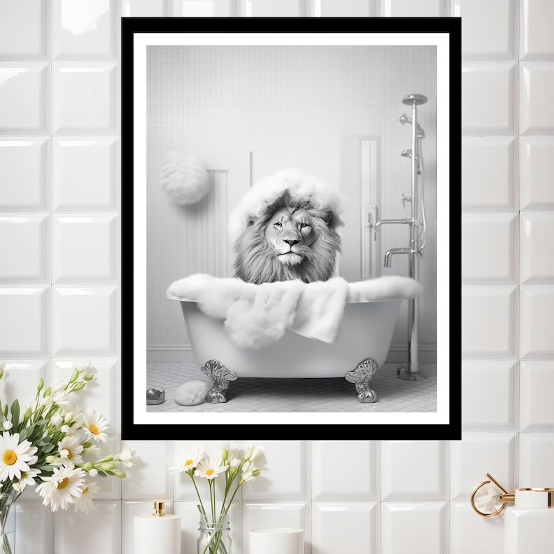 Lion in a Bathtub, Lion Bathing, Black and White Bathroom Print, Safari ...