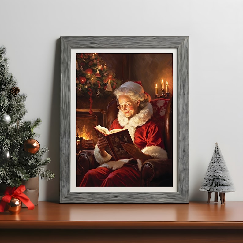 Vintage Christmas Print, Mrs Claus Reading Book, Christmas Decor Winter ...
