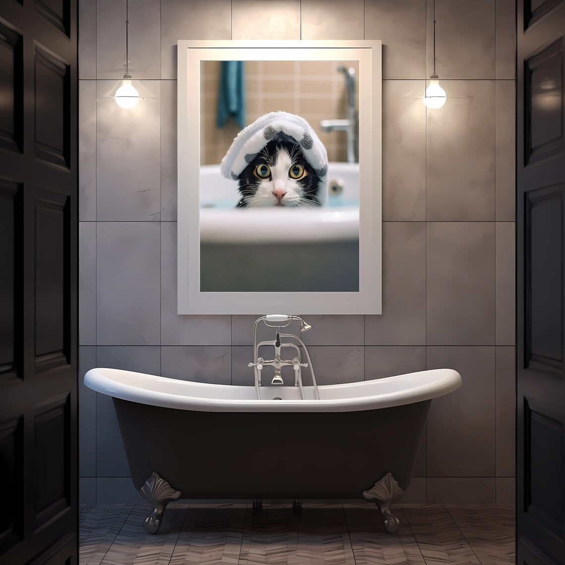 Adorable Cat in Tub Printable Wall Art Bathroom Wall Art - Etsy