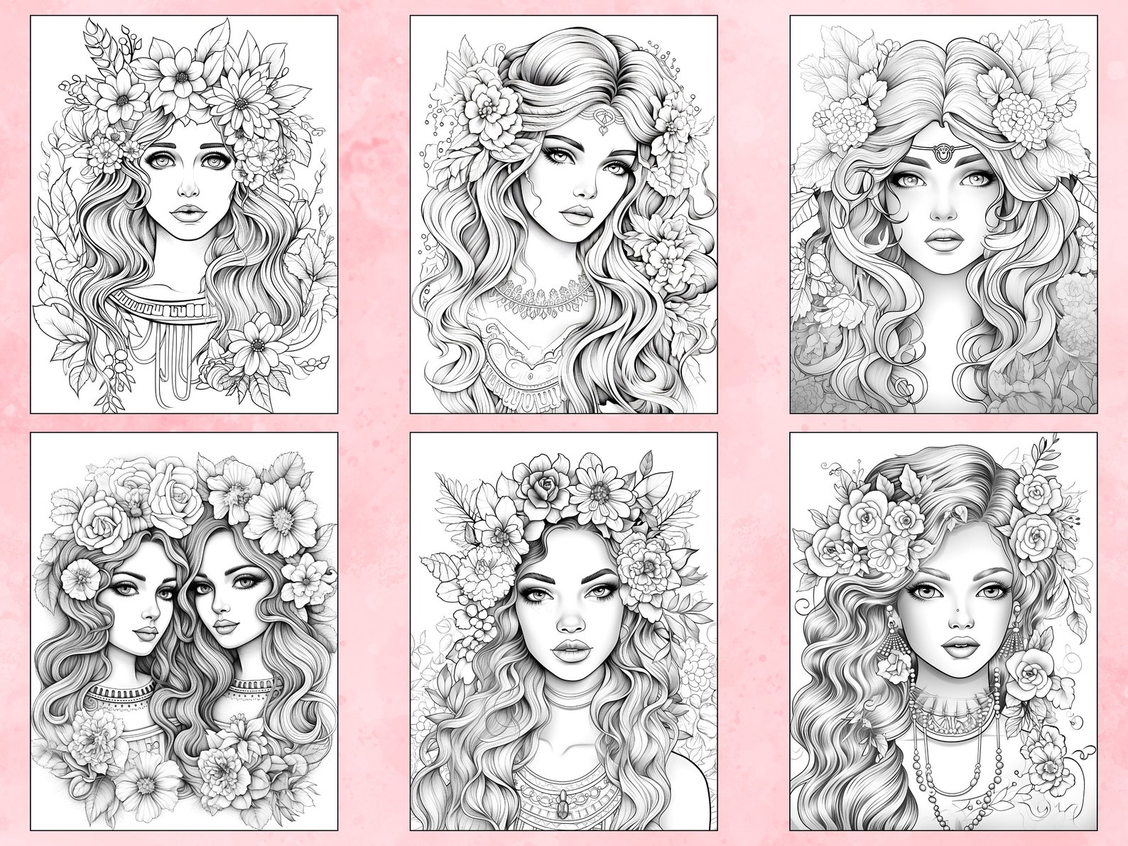 20 Flower Princess Coloring Book, Printable PDF, Grayscale Coloring ...