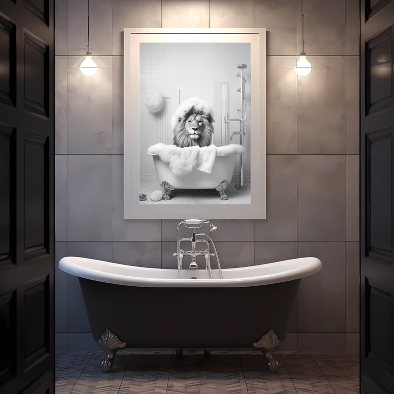 Lion in a Bathtub Lion Bathing Black and White Bathroom - Etsy