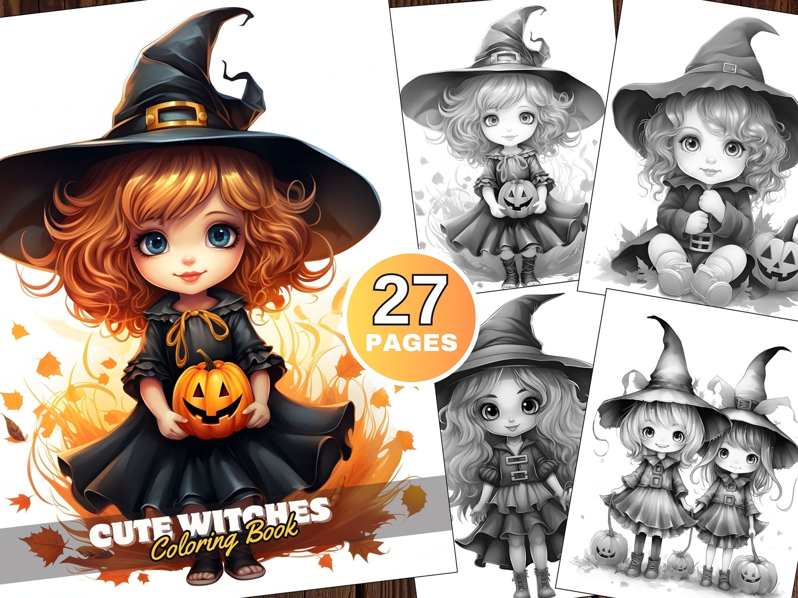 27 Cute Witches Coloring Book, Cute Coloring Book, Grayscale Coloring ...